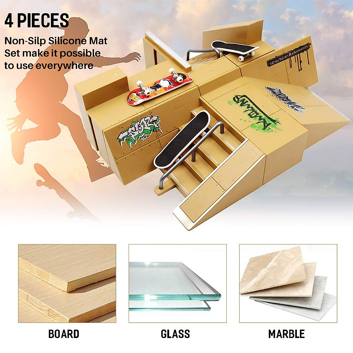 icoko Skate Park Kit, 8 PCS Skate Park Kit Ramp for Mini Finger Skateboard Ultimate Parks Training Props with 3 Finger Skateboard and 4 Silicone Mat Set