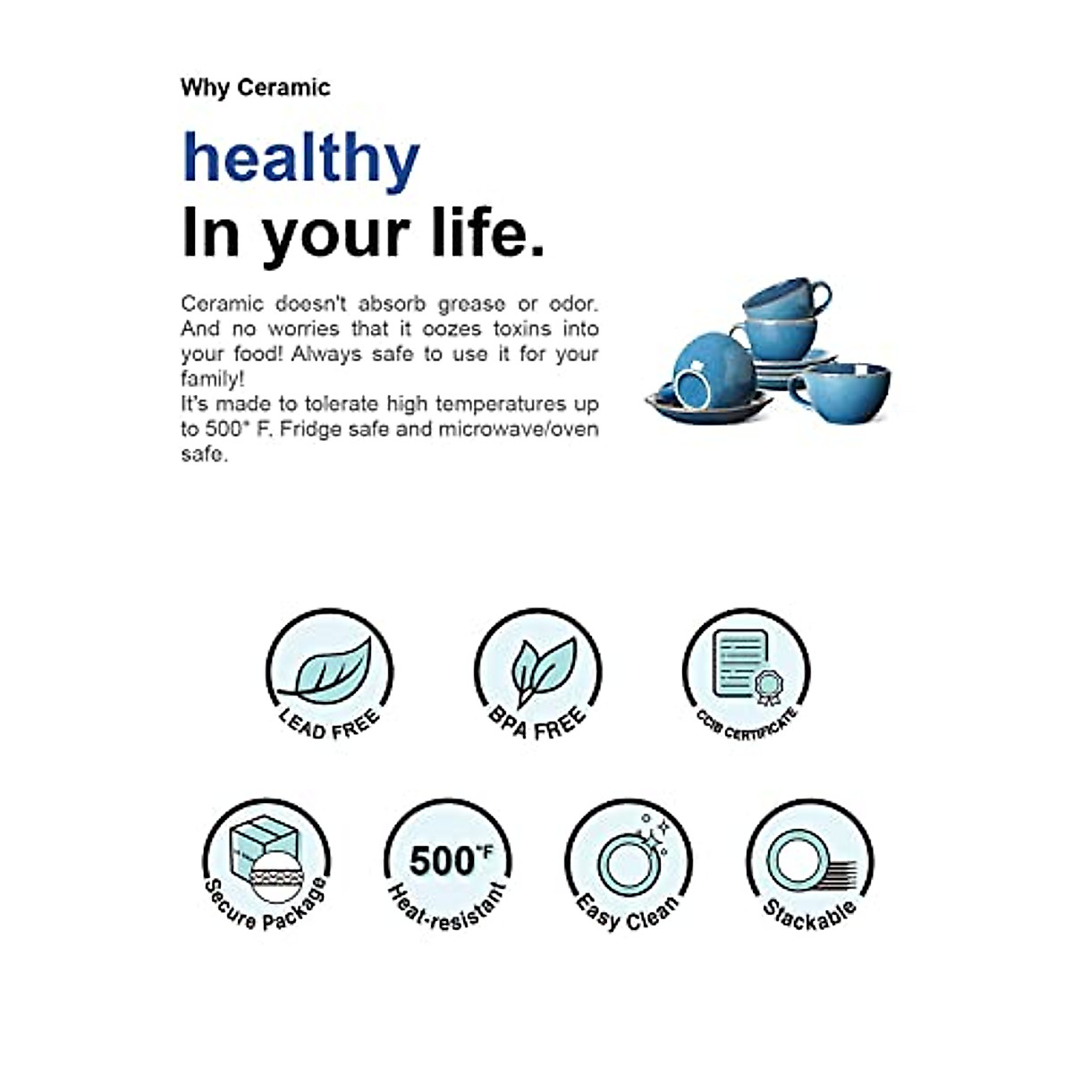 LE TAUCI 6 oz Cappuccino Cups with Saucers，Ceramic Coffee Cup for Au Lait, Double shot, Latte, Cafe Mocha, Tea - Set of 4, Ceylon Blue