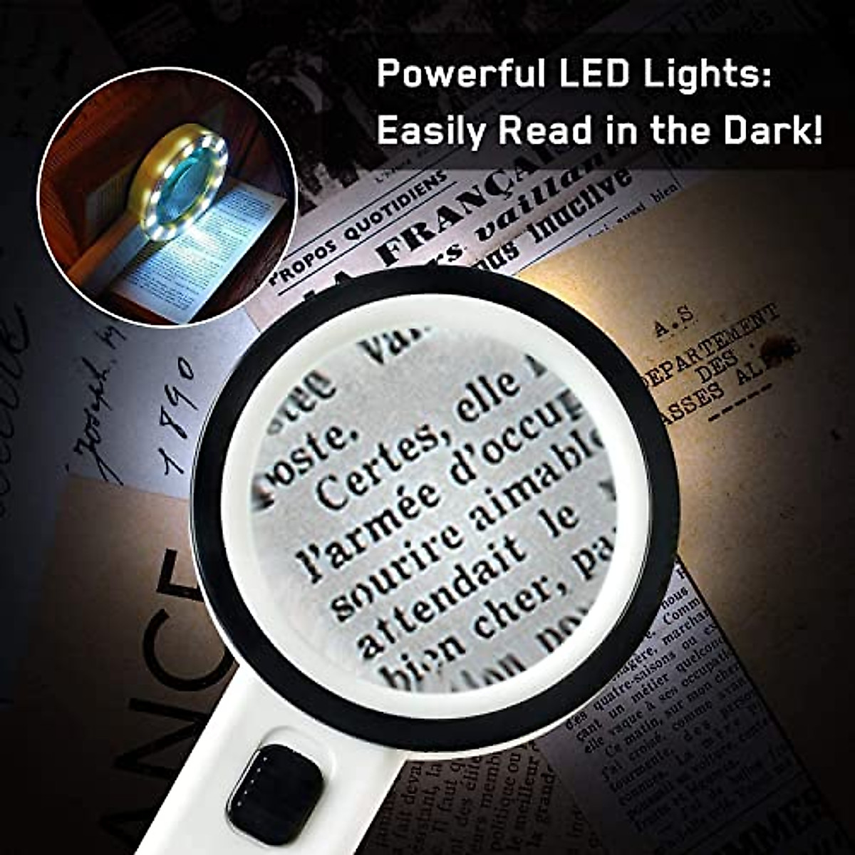 SUPULSE Magnifying Glass with Light, 30X Handheld Large Magnifying Glass 12 LED Illuminated Lighted Magnifier for Macular Degeneration Seniors Reading Inspection Coins Jewelry