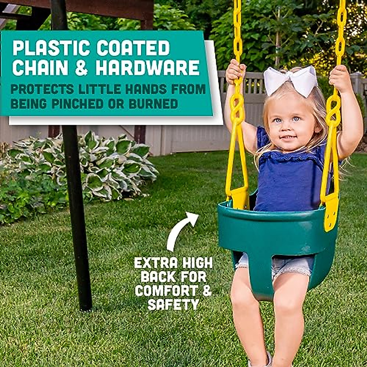 Premium High Back Full Bucket Toddler Swing Seat with Finger Grip, Plastic Coated Chains and Carabiners for Easy Install - Green - Squirrel Products