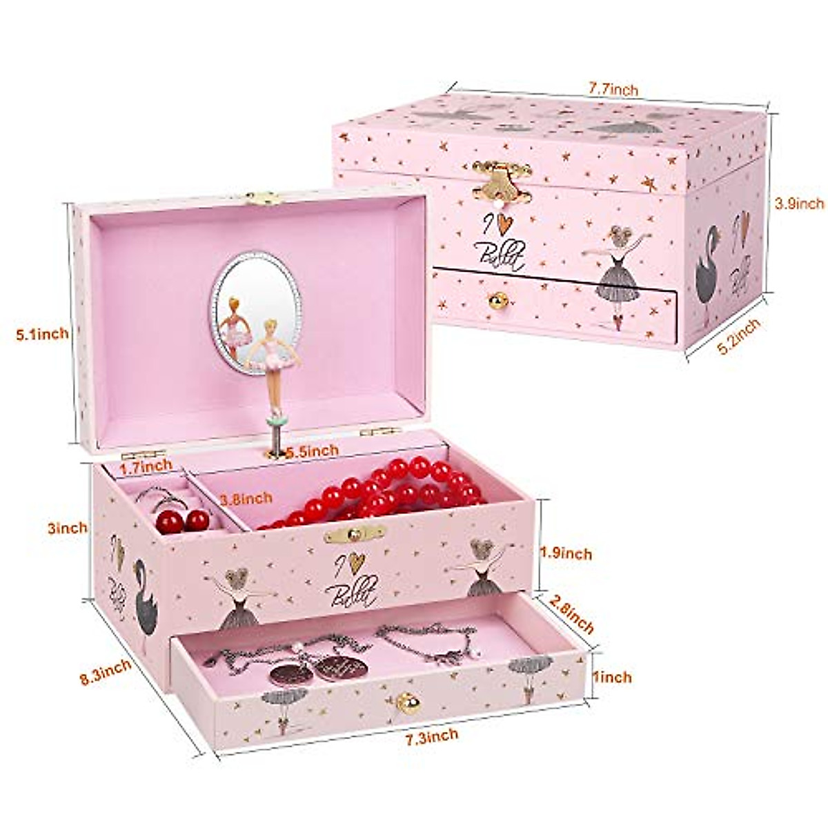 efubaby Jewelry Box for Girls Music Box Girls & Unicorn Necklace and Bracelet Jewelry Boxes with Spinning Ballerina & Drawer Musical Jewelry Boxes for girls Birthday Christmas Valentine Gift