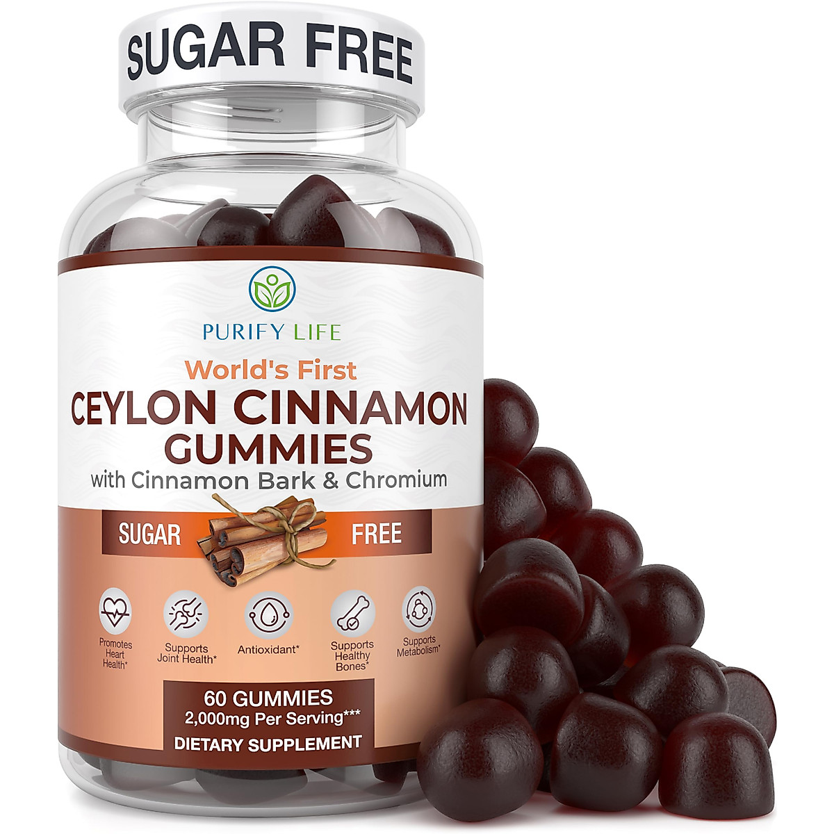 Sugar-Free Ceylon Cinnamon Gummies (2,000mg/Serving) Joint Pain Support Cinnamon Supplement & Brain Health, Vegan, Gluten-Free, Replace Ceylon Cinnamon Capsules, Pills, Powder Extract 60 Chews
