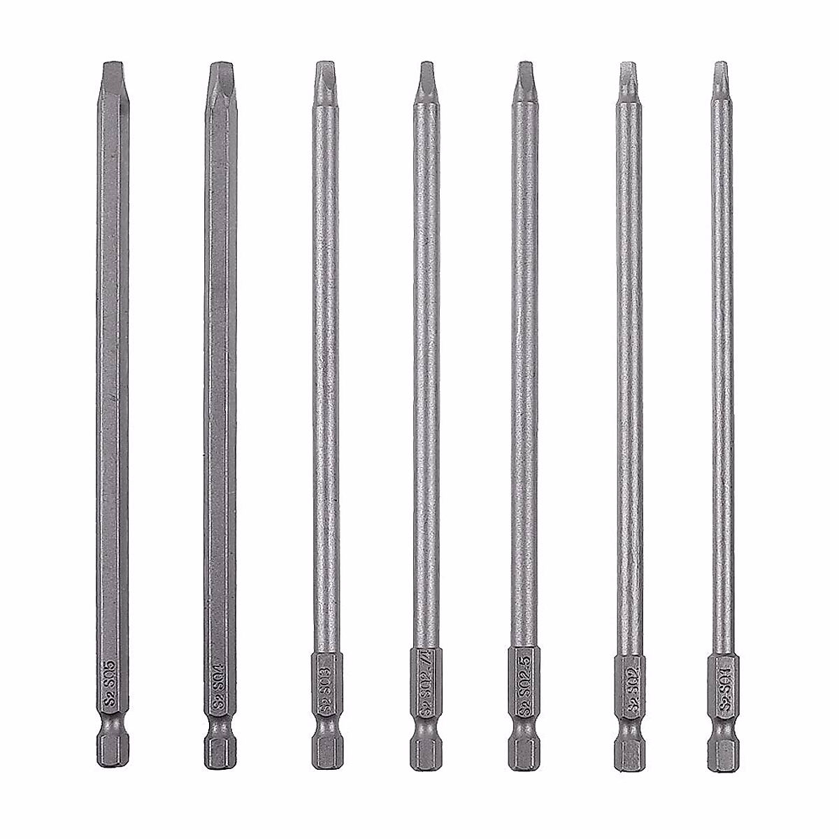 Rocaris 7 pcs 1/4 Inch Hex Shank Long Magnetic Square Head Screwdriver Bits Set Power Tools SQ1, SQ2, SQ2.5, SQ2.7, SQ3, SQ4, SQ5 For Poket Hole Jig- 6 inch Length