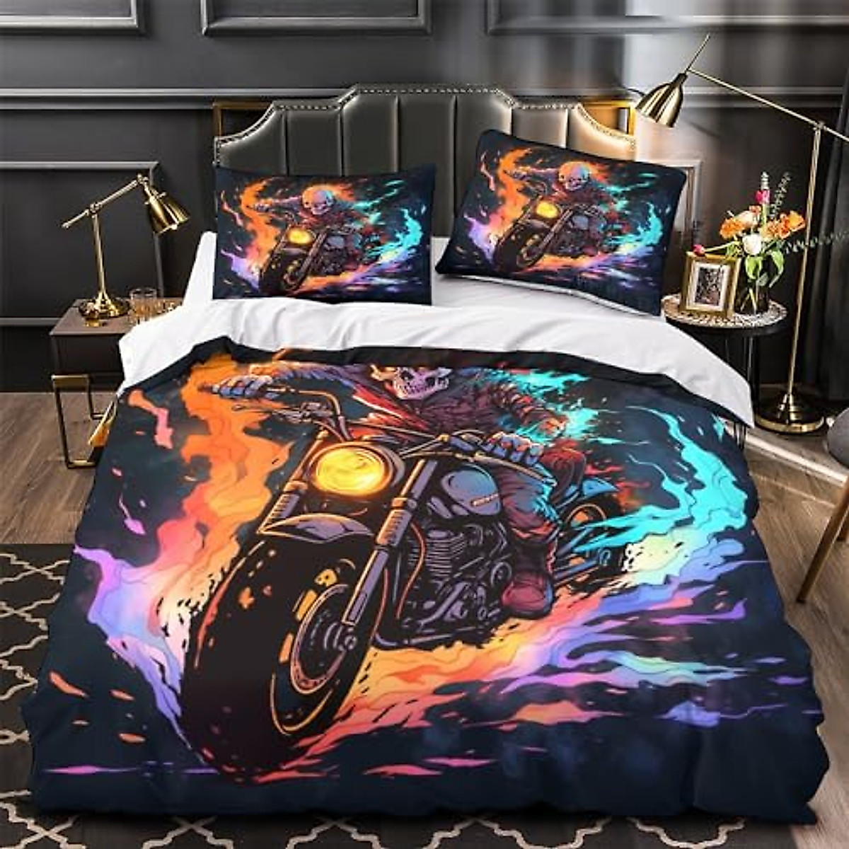 Skeleton Rider Bedding Set Duvet Cover 3D Printed Motorbike Skull Quilt Cover Comforter Covers Microfiber with Pillowcases 3 Pieces for Childrens and Adults with Zipper Closure Twin（173x218cm）