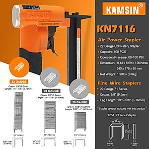 Kamsin KN7116 Pneumatic Upholstery Stapler for 70 Series Stapler, 3/8-Inch Leg Length Staples for 70 Series Stapler, Air Power Upholstery Staple Gun Fine Wire Stapler,Renovation, Furniture