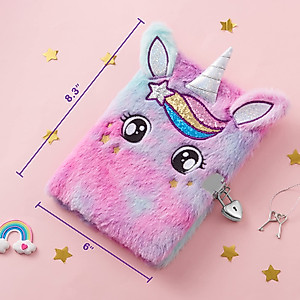 WERNNSAI Rainbow Girls Diary - Plush Girls Diary with Lock Notebook Journal for Kids Birthday Christmas Valentine Gift Embroidery Fluzzy Travel School A5 Secret Diary Writing Drawing Notepad