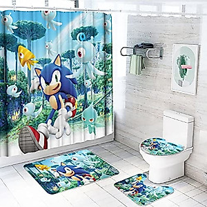 BOABIXA Son.ic The Hedge.hog 4 Piece Shower Curtain Sets, with Non-Slip Rugs, Toilet Lid Cover and Bath Mat, Durable and Waterproof, for Bathroom Decor Set, 72inch X 72inch (20220305)