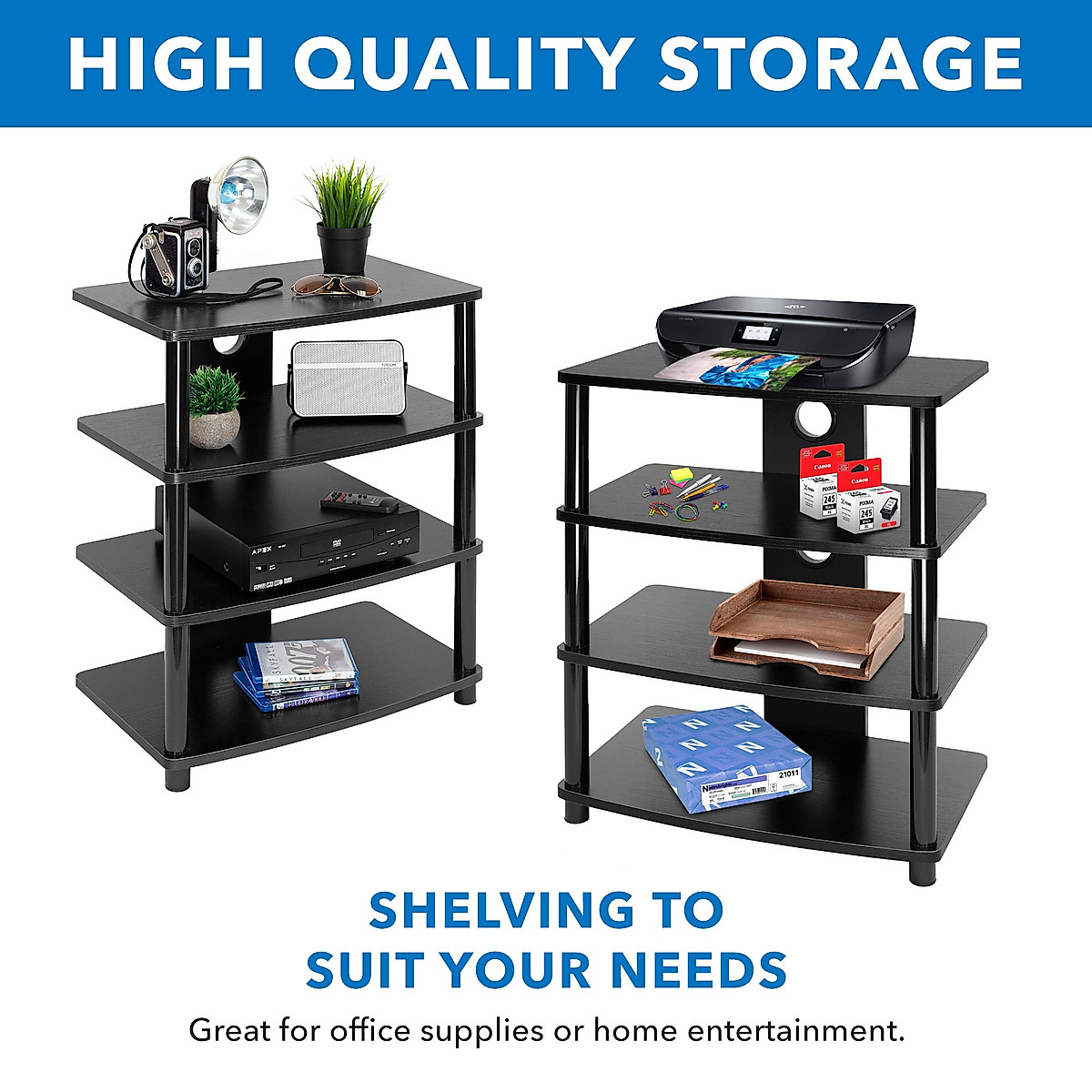 Mount-It! Media Stand Entertainment Center for TV, Audio Video Components, Stereo Equipment, Gaming Consoles, Streaming Devices, 4 Shelves, Black