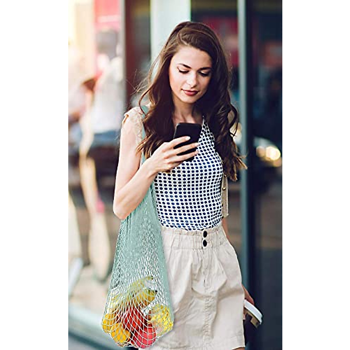 S SRYSITA 5 Pack My Eco Bag Portable Large Reusable Grocery Bags Fruit and Vegetable Bag Washable Cotton Mesh Bag Organic Organizer Shopping Handbag Long Handle Net Tote (Blue,Green,Beige,Pink)