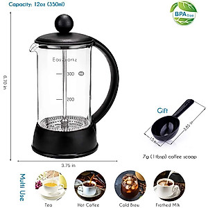Easyworkz Eclipse French Press 12 oz Coffee Tea Maker with Borosilicate Glass