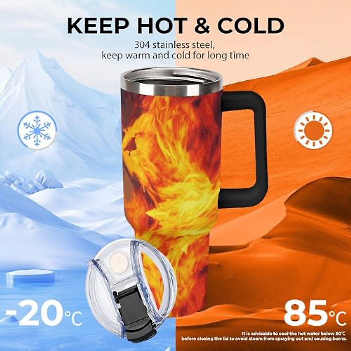 FJWKLRBV Fire Vs Ice Art 40 Oz Water Bottle, Stainless Steel Tumbler with Handle And Straw, Extra Large Insulated Tumbler, Flip Straw Tumblers for Sports, Work, Car, Travel And Weekends