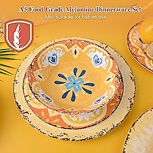 12 Piece Melamine Dinnerware Sets Service for 4 - Includes 4 Dinner Plates 4 Salad Plates and 4 Bowls Made of A5 Melamine Use at Home & Outdoor Dining, Picnic, Camping and Rvs - Mayan Style Yellow