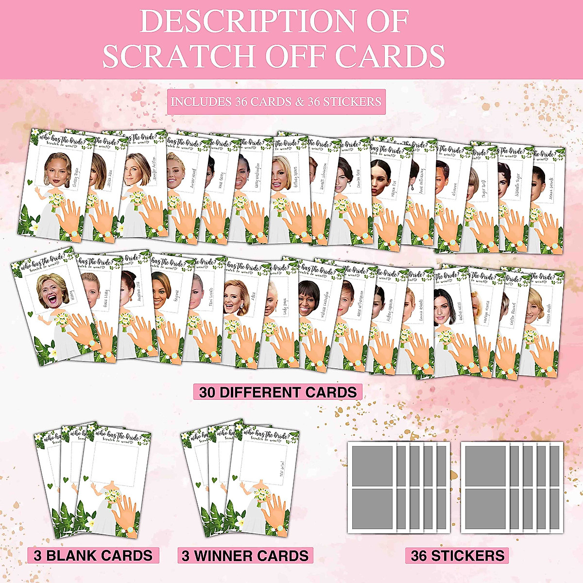 Bridal Shower Games - Who Has The Groom Scratch Off Celebrity Cards - Elegant Greenery Floral Bachelorette Party Game Favor Decor- Wedding/Engagement Party Ideas Activities - 36 Mini Size Cards(04)