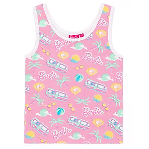 Barbie Girls 2 Piece Co-Ord | Kids Pink All Over Print Vest & Shorts Set | Palm Trees Sunglasses Summer Holiday Beach Daywear