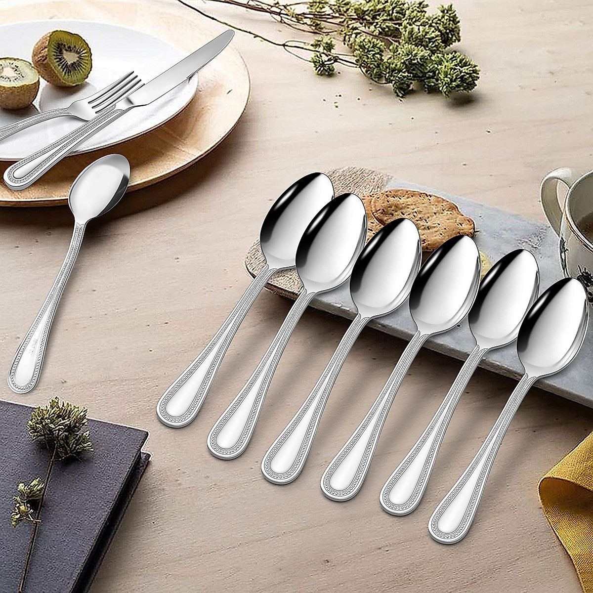 24PCS Forks and Spoons Silverware set, HaWare Stainless Steel Flatware with Pearled Edge for Home/Kitchen, Include 12 Dinner Forks(7.9 Inches) and 12 Dinner Spoons(7.9 Inches), Dishwasher Safe