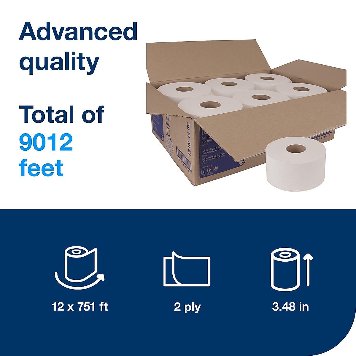 Tork Mini Jumbo Toilet Paper Roll White T2, Advanced, 2-Ply, 12 x 751', 12024402