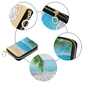 Tropical Palm Trees Sea Beach Credit Card Coin wallet, RFID Blocking Compact Women Leather Card Holder, Key Change Organizer, Zipper Purse Clutch Pouch Pocket
