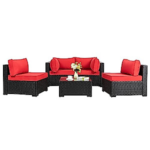 Shintenchi 5 Pieces Outdoor Patio Sectional Sofa Couch, Black PE Wicker Furniture Sets, Patio Conversation Sets with Washable Cushions Glass Coffee Table for Garden, Poolside, Backyard,Red