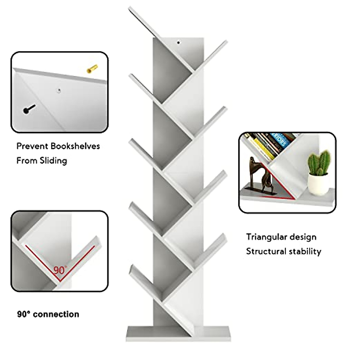 Yusong Tree Bookshelf, 9-Tier Floor Standing Bookcase for Living Room Bedroom, Utility Organizer Shelves for Home Office, White