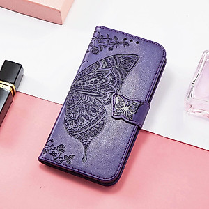 Designed for Pixel 6A Case Wallet,Women Flip Cover with Butterfly Embossed PU Leather Kickstand Credit Card Holder Slots Wrist Strap Protective Phone Case for Google Pixel 6A (2022) (Purple)