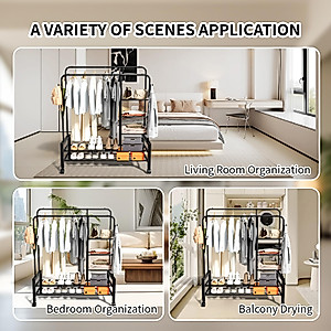 S&R PLKOP Double Rods Mobile Clothing Rack Heavy Duty Garment Rack for Hanging Clothes, 4 Side Hooks, Black, Clothes Racks for Hanging Clothes Multifunctional Bedroom Storage