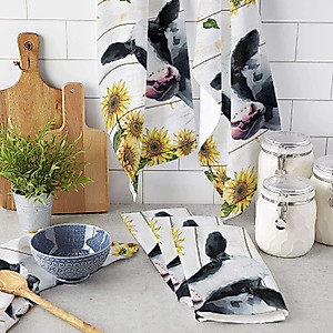 Chucoco Dish Towels for Kitchen, Hand Towel Cleaning Cloths Yellow Sunflowers with Black White Cow Absorbent Fast Drying Dish Rags, Cattle Animals Wood Board Bathroom Cloth Set of 4 with Hanging Loop