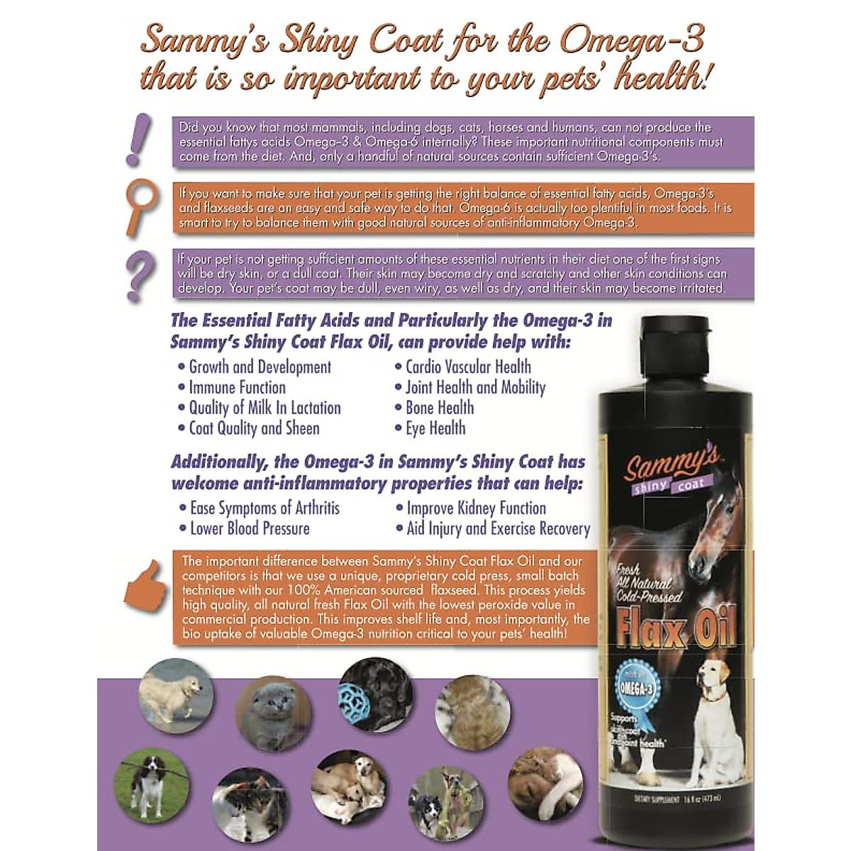 Sammy’s™ Shiny Coat Flaxseed Oil - 100% Pure, Natural Flax Oil, Cold-Pressed, Excellent Source of Omega-3 for Your Furry Friend, for Healthier Skin and Coat of Your Dogs, Cats, Other Pets - 32 Oz
