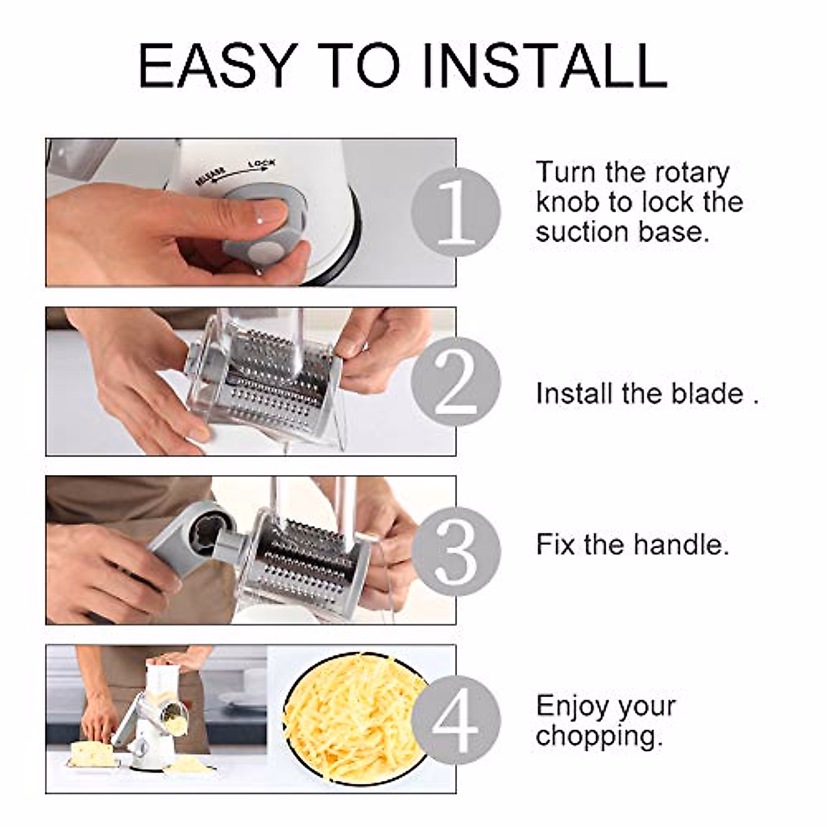 Ourokhome Rotary Cheese Grater Shredder - 3 Drum Blades Manual Speed Round Food Slicer Nut Grinder with Strong Suction Base for Cheese, Vegetable, Walnut, Chocolate, Potato, Carrot, White Gray