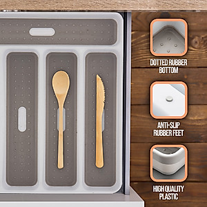 JINAMART Silverware Organizer Tray, Kitchen Utensils Holder and Cutlery Tray with Grooved Drawer Dividers, 5-Compartments Kitchen Drawer Organizer, Non-Slip Rubber Feet BPA-Free (5-compartment)