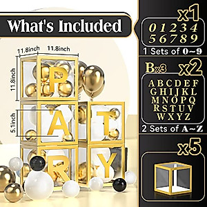 Gold Balloon Boxes 70Pcs Set for Party Decoration - Transparent Letter Boxes for Baby Shower, Bridal Shower, Gender Reveal & Birthday Party - Hard Paper Card, PET Material, Reusable, Easy Set Up