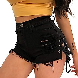 Fashion Slim Shorts ,THENLIAN Women Ladies Mid Waist Hole Jeans Skinny Bandage Hot Pants Shorts Denim Trousers(XL, Black)