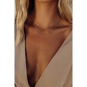 Awvialy Layered Gold Necklaces for Women 14k Gold Plated Beaded Herringbone Necklace Simple Layering Gold Chain Choker Necklaces for Women Cute Dainty Gold Necklace Trendy Gold Jewelry for Women