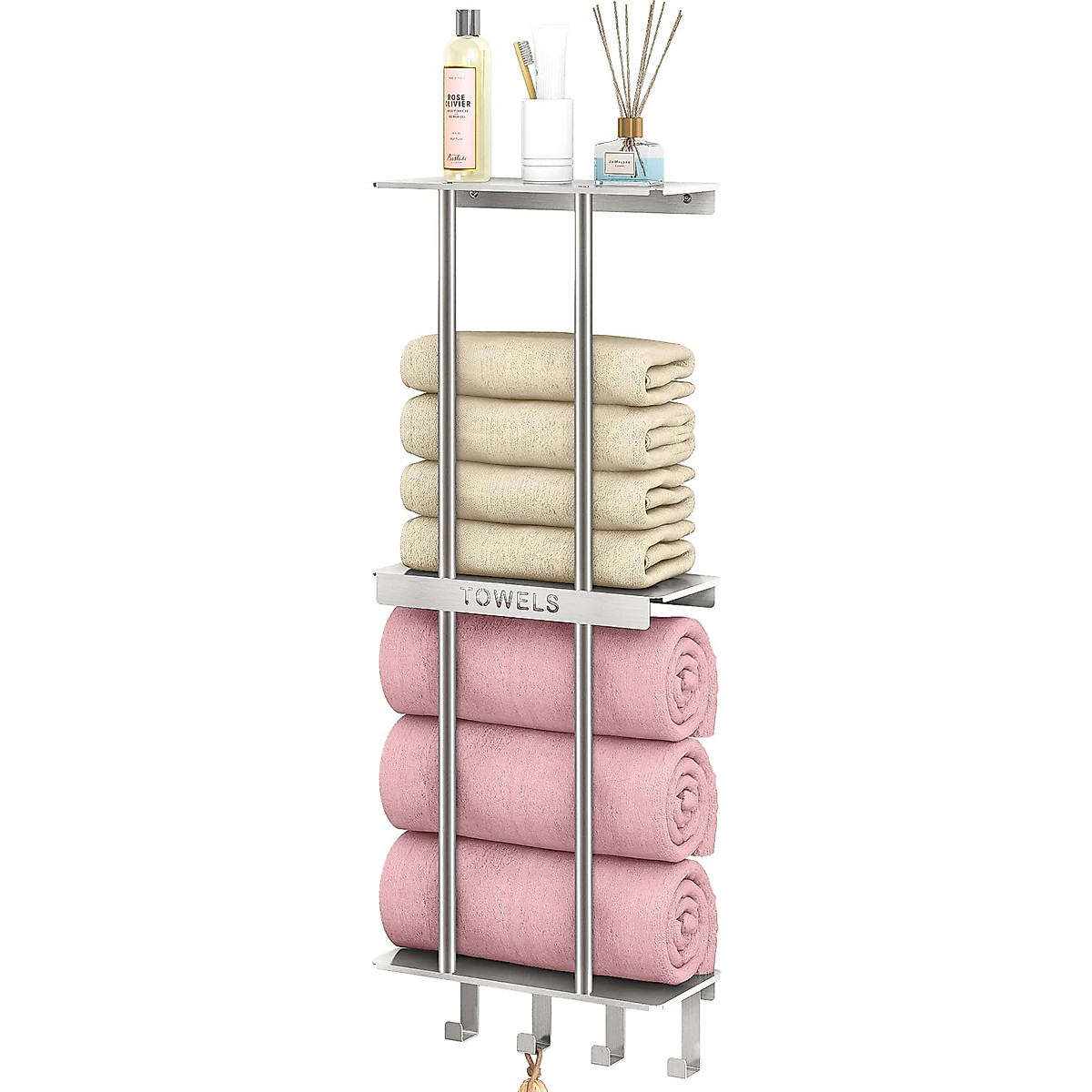 Bathroom Towel Storage, Towel Racks for Bathroom with 3-Tier Shelf & 4 Hooks, Towel Holder for Bathroom Wall for Rolled Bath Towels, Brushed Nickel