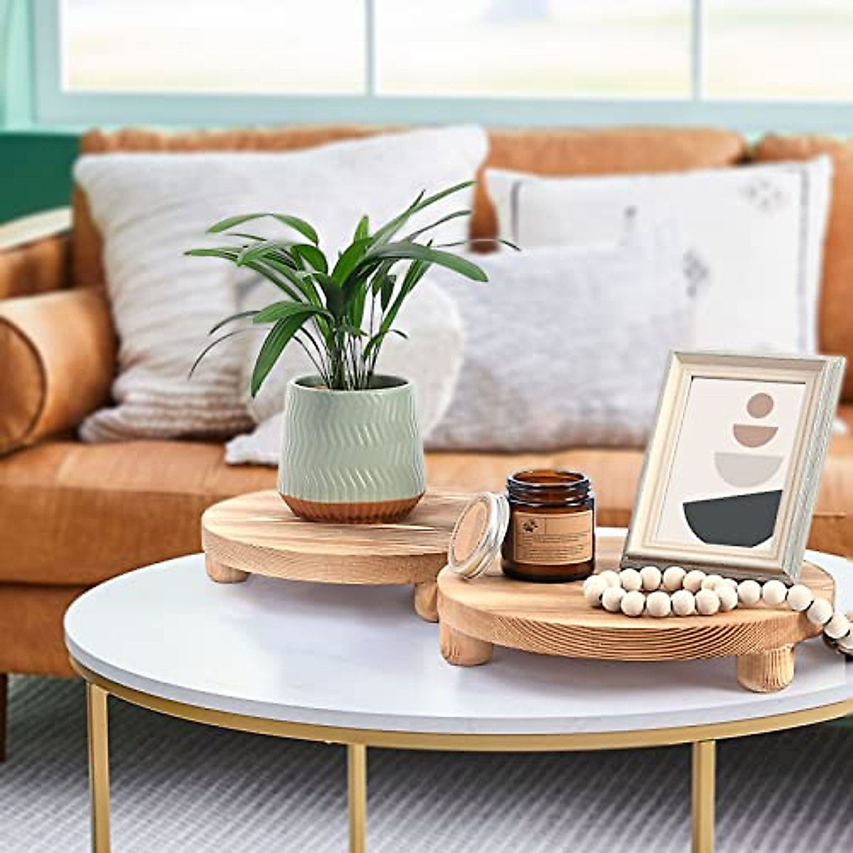 HULISEN Wood Risers for Decor, 10 Inch Round Wooden Pedestal Stand for Indoor Plant Pot Riser, Set of 2 Farmhouse Rustic Decorative Display Tray for Kitchen Counter and Bathroom Table (Natural)