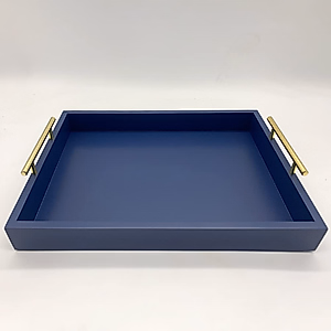 Simoei Serving Tray, Deluxe Tray for Coffee Table with Polished Gold Metal Handles and 2 Coasters, Living Room Bathroom Organizer Modern Decorative Tray, for Storage Or Display (Blue)
