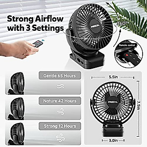 Portable Clip on Fan 65 Working Hours, Camping Fan with LED Lights & Hook, 12000 Capacity Battery Operated Fan with Clamp, USB Rechargeable for Desk, Tent, Treadmill, Stroller, Golf Cart, Home
