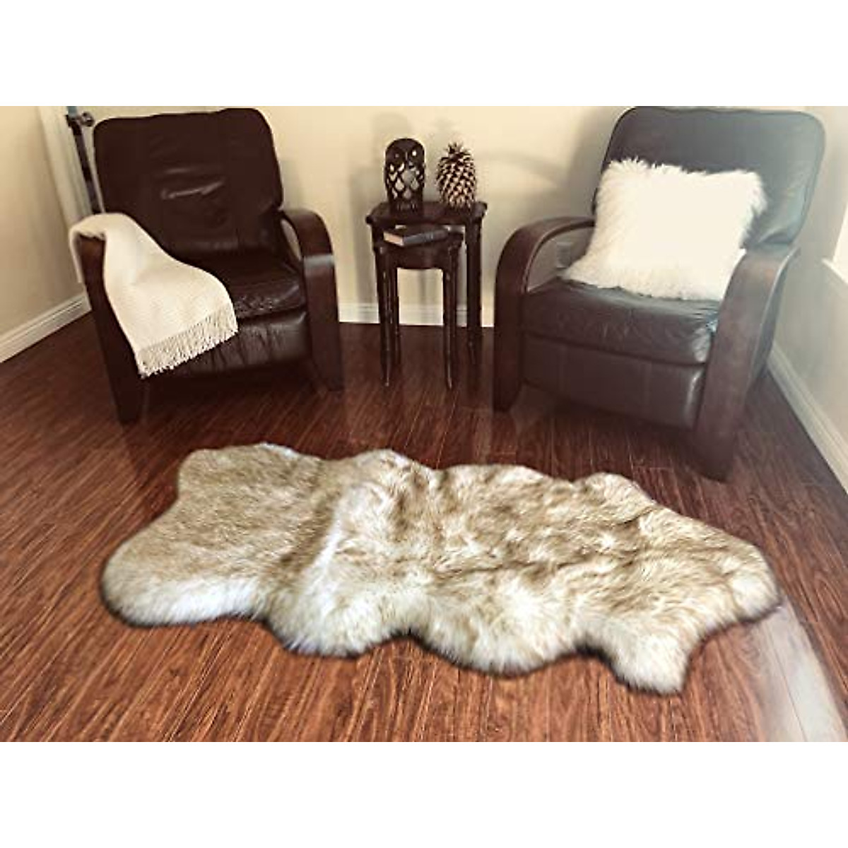LAMBZY Genuine Sheepskin Silky Area Rug - Thick Strong Bottom Texture Washable Stain Resistant Rug - Perfect for Children Living Room, Bedroom Decoration - 2' x 4'2",60x125 cm , Two Tone White/Brown
