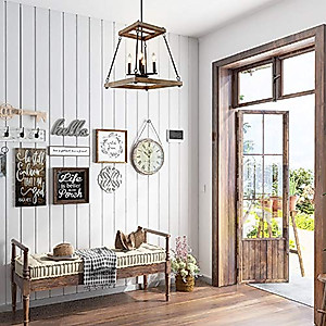 LALUZ Farmhouse Chandelier, Rustic Square 4 Light Fixture with Faux Wood Finish for Foyer, Dining & Living Room, Bedroom and Kitchen Island