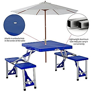 Outsunny Portable Foldable Camping Picnic Table Set with Four Chairs and Umbrella Hole, 4-Seats Aluminum Fold Up Travel Picnic Table, Blue