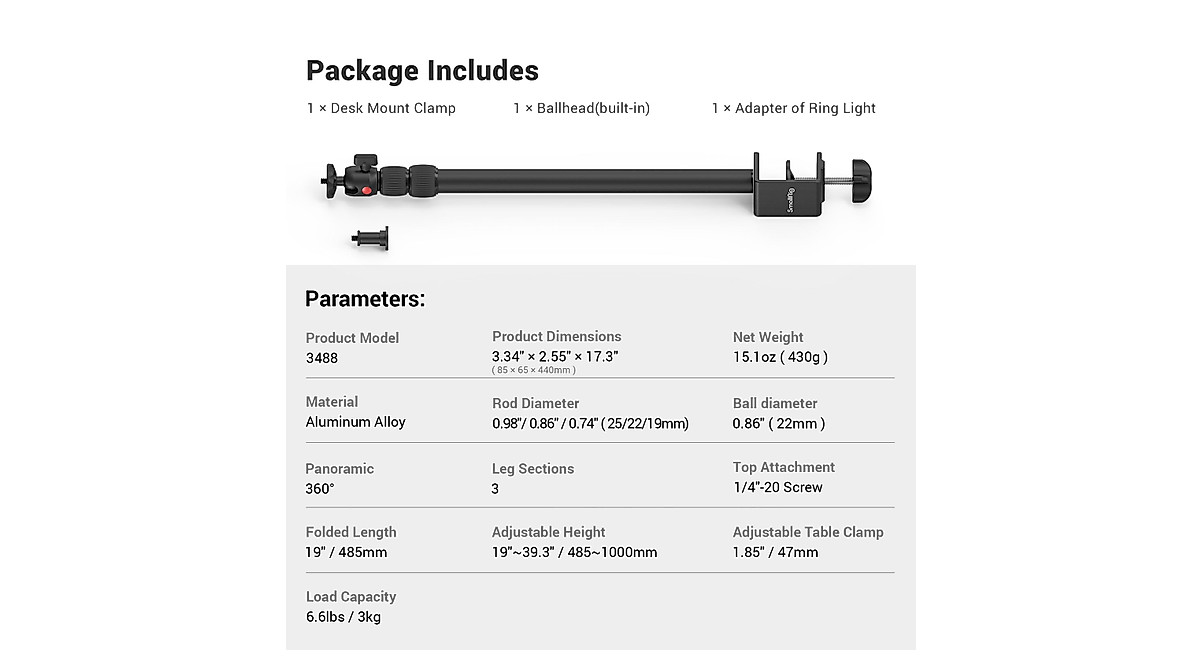 SmallRig Camera Desk Mount for DSLR & Ring Light
