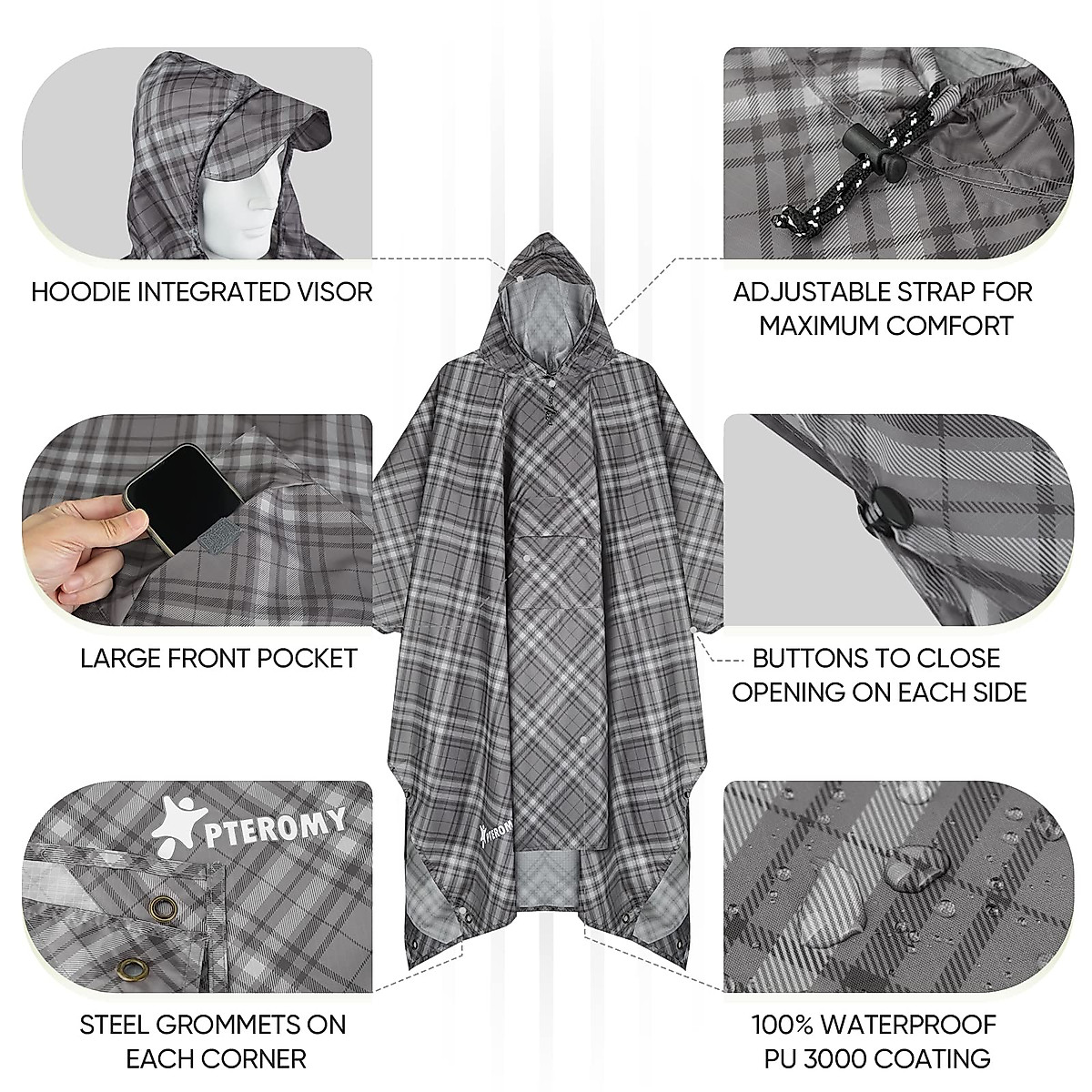 PTEROMY Hooded Rain Poncho for Adult with Pocket, Waterproof Lightweight Unisex Raincoat for Hiking Camping Emergency (Grey Grid)