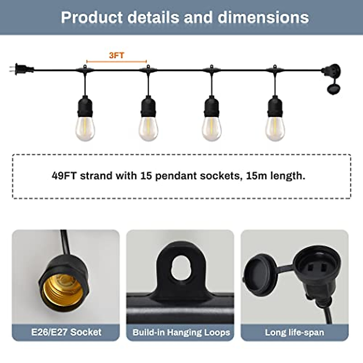 OYYPTDZM Outdoor String Lights 49 Feet Patio Lights Waterproof with 15 Lamp Heads Connectable Hanging Light for Backyard Porch Balcony Garden E26 Bulb Not Included