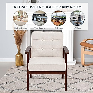 Hupmad Mid Century Accent Chair,Single Linen Upholstered Armchair with Solid Wood Frame,Wooden Side Chair Retro Lounge Sofa Leisure Chair for Living Room, Bedroom, Beige