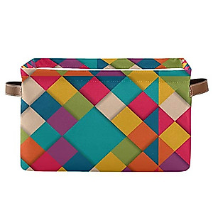 senya Large Foldable Storage Bin, Vintage Multicolor Squares Fabric Storage Basket Organizer Bag with Handles 15 x 11 x 9.5 inch