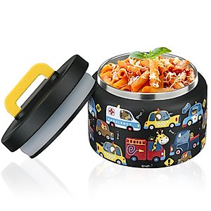 PIQUEBAR 8oz Kids Thermo for Hot Food,Small Lunch Thermos Food Container Stainless Steel,Easy Open Wide Mouth Thermo for Hot Cold Food for Preschool Travel (Black Animal Truck)