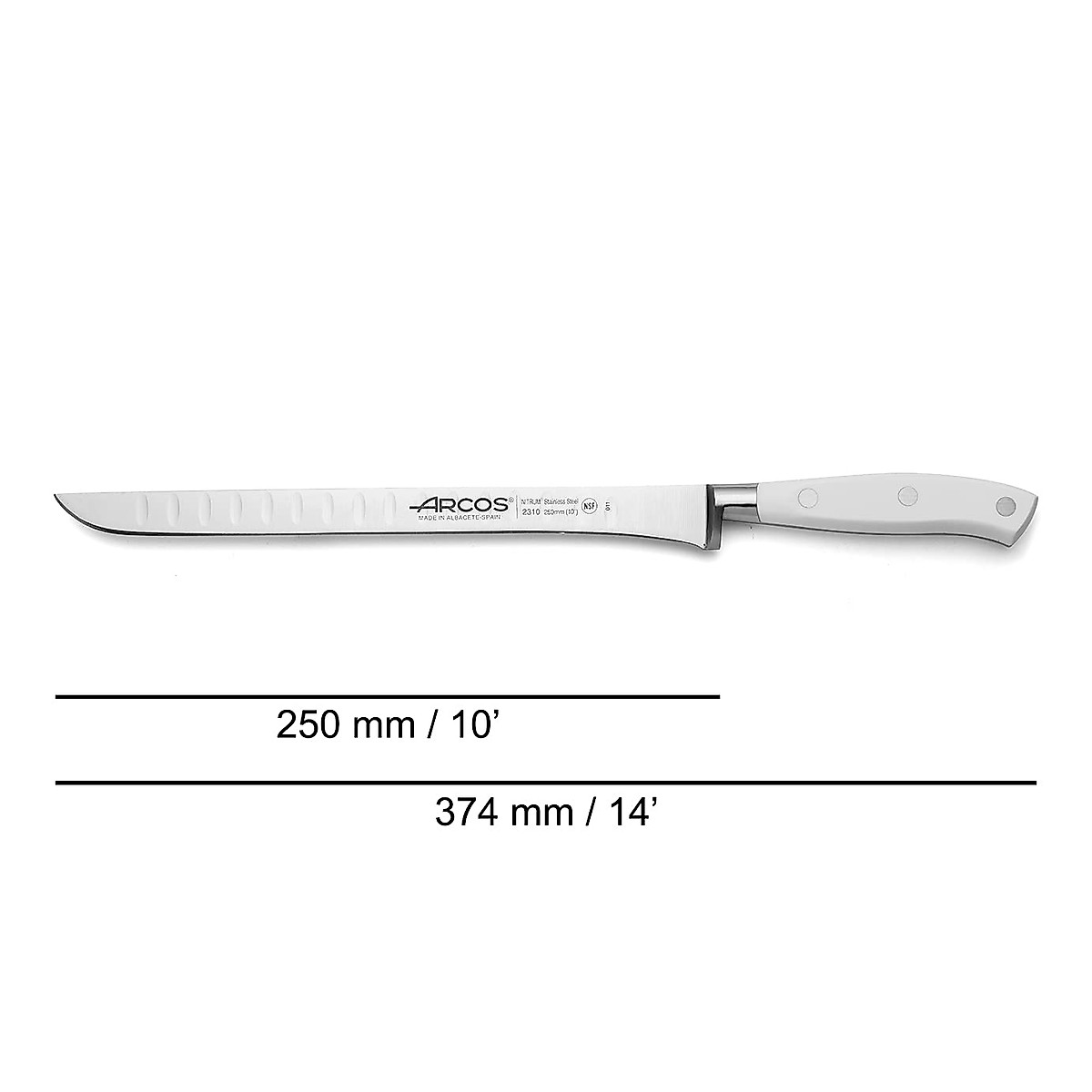 ARCOS Forged Slicing Knife / Ham Knife 10 Inch Nitrum Stainless Steel and 250 mm blade. Ergonomic Polyoxymethylene POM Handle. Series Riviera Blanc. Thin blade with a characteristic smooth edge. Color White.