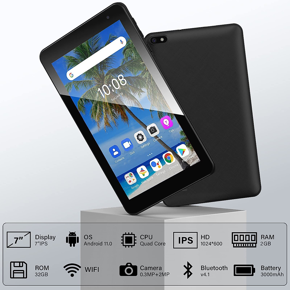 NORTH BISON Android Tablet 7 inch, Android 11 Tablet, 2GB RAM 32GB ROM, Quad-Core Processor, Dual Camera, WiFi, Bluetooth, 128GB Expand, GMS Certified-Black