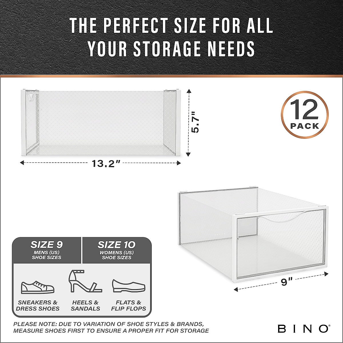 BINO 12-Pack Plastic Stackable Shoe Box Set - Clear | Foldable Shoe Storage Container | Sneaker Bins | Shoe Rack Box | Transparent | Portable Stacking Shoe Boxes Front Open
