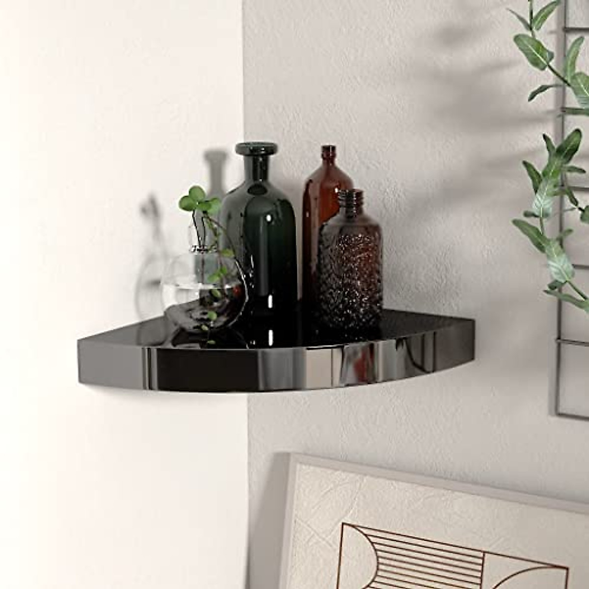 vidaXL Floating Corner Shelf Floating Display Shelf Wall Mounted Shelf Ledge Hanging CD Rack Board Bedroom Living Room High Gloss Black 9.8" MDF