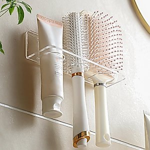 Acrylic Hair Brush Holder for Bathroom Adhesive Hair Tool Organizer Wall Mounted Hair Comb Holder Organizer Hot Tool Holder with 3 Holes Diameter 1.34-1.57 In,Remove Film Before Use(transparent)